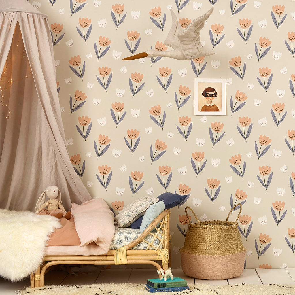 Fleur Wallpaper - Peach/Dusky Blue – Hibou Design